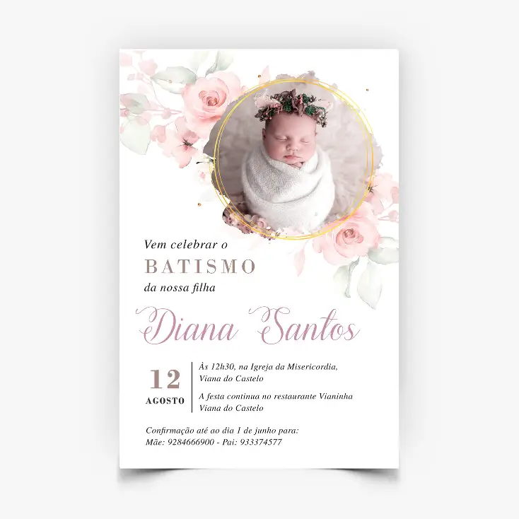 Convite Batizado Personalizado - Floral Rosado Suave.